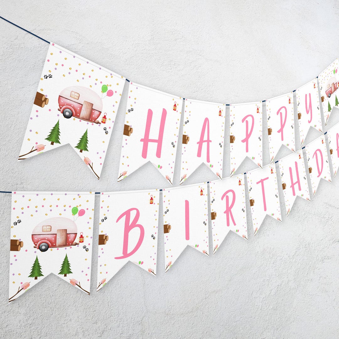 Editable Happy Camper Birthday Party Simple Birthday Banner Girl Pink ...