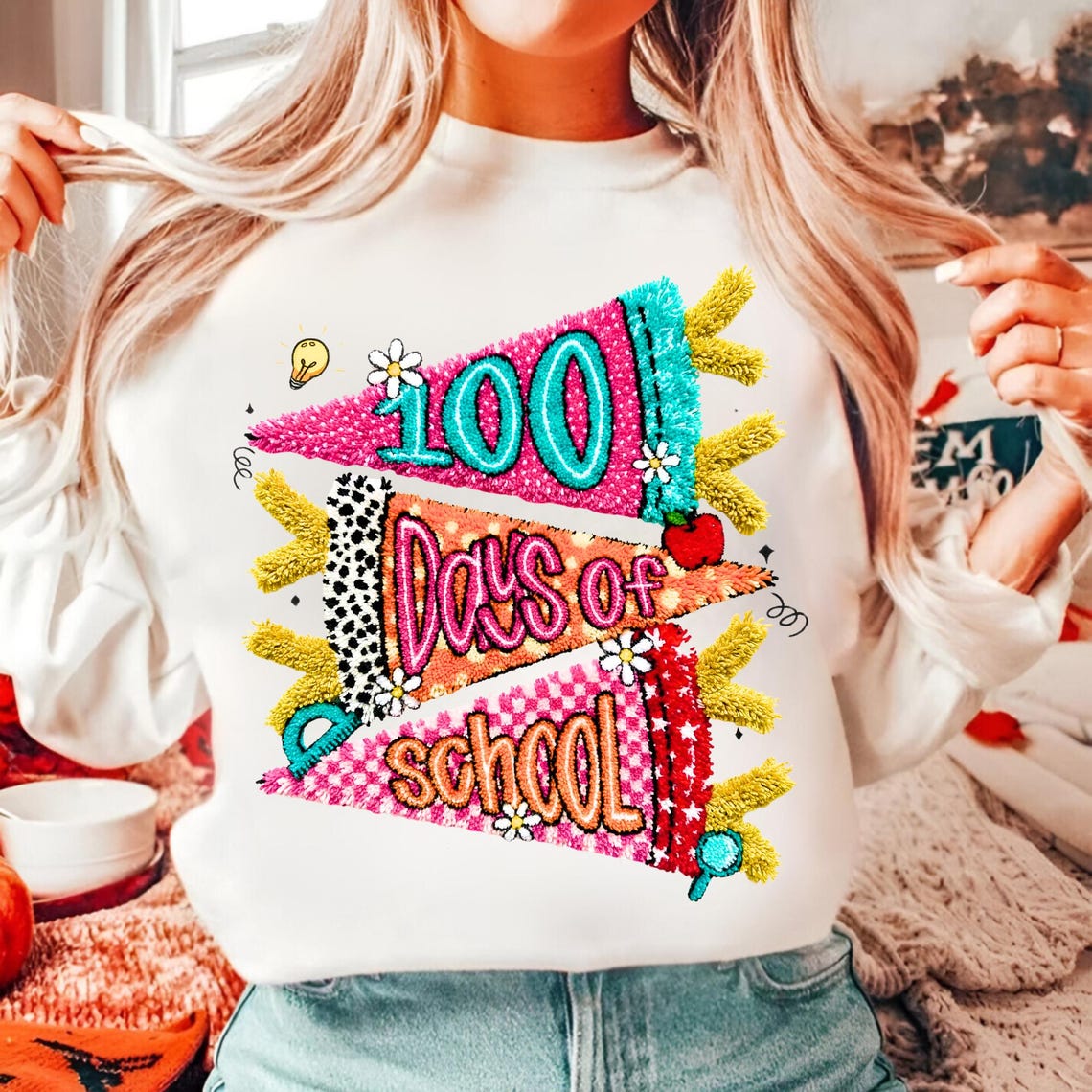 Preppy 100 Days of School Faux Yarn Crochet PNG, Latch Hook Yarn Happy ...