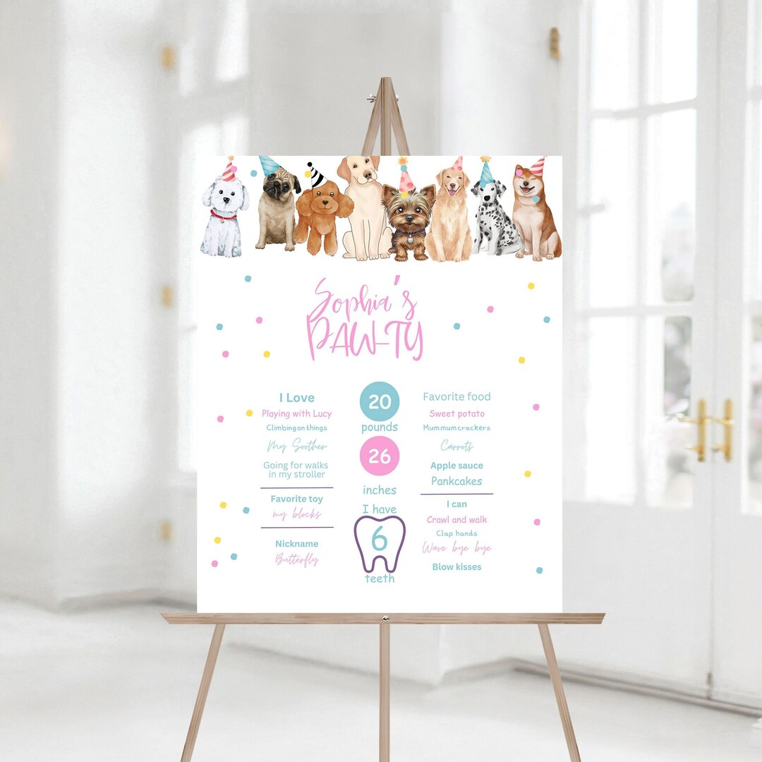 Editable Dog Birthday Party Milestone Sign Puppy Birthday Invite Pink ...