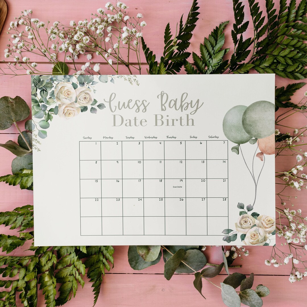 Editable Sage Green Baby Shower Due Date Calendar, Guess Birth Date ...