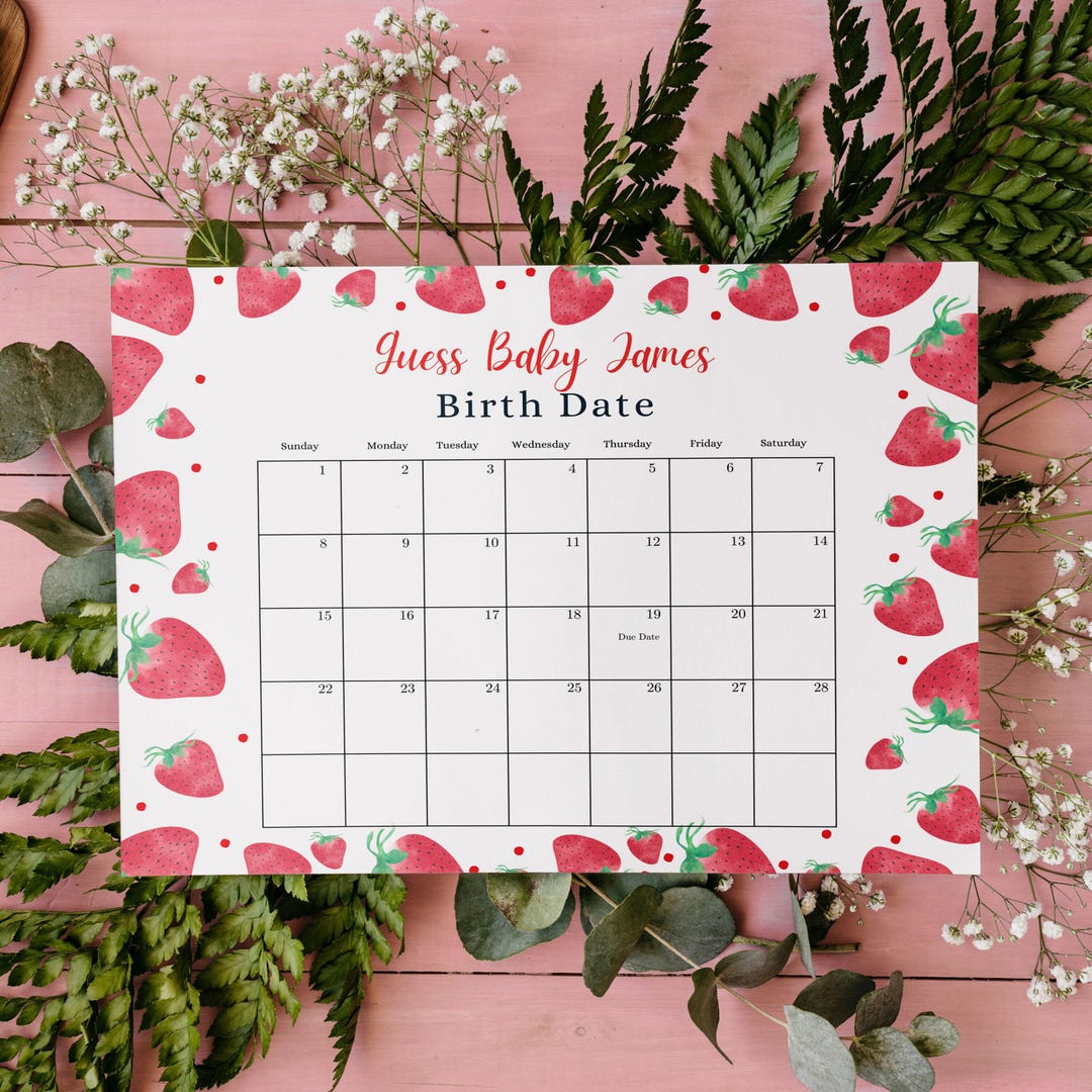 Editable Strawberry Baby Shower Due Date Calendar, Guess Birth Date ...