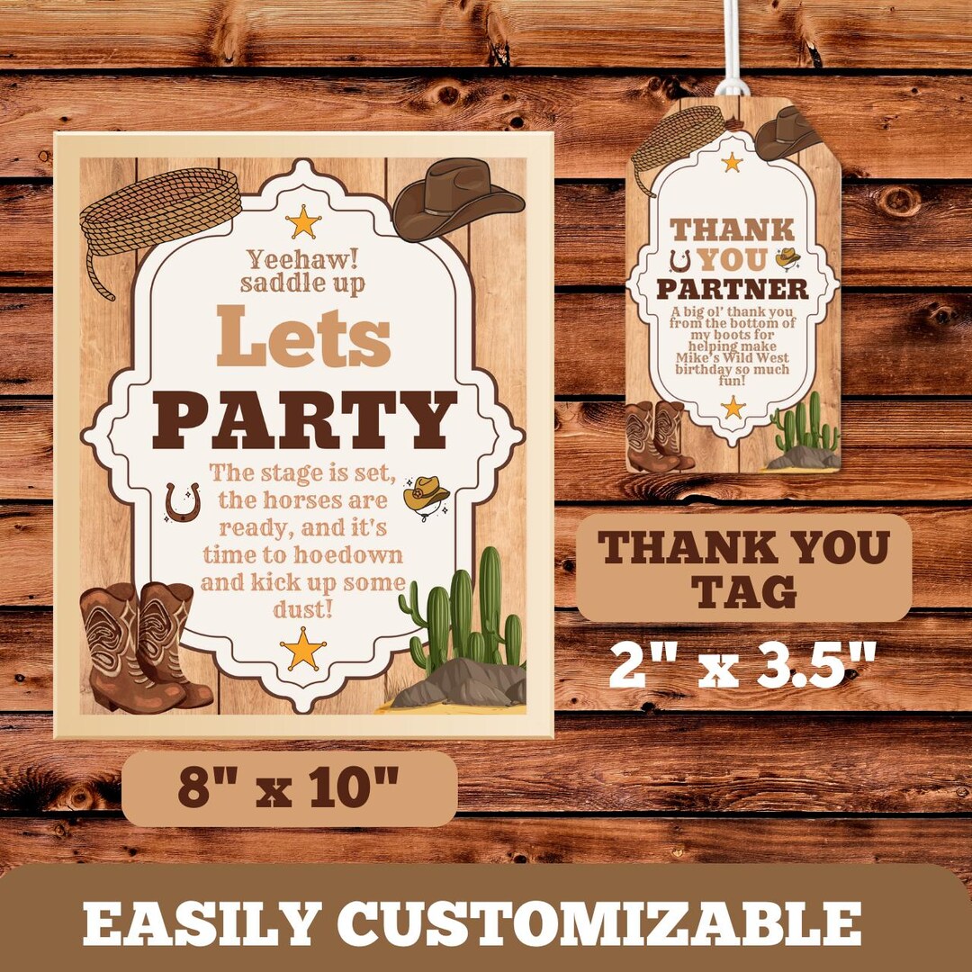 Editable Country Western Party Table Sign and Thank You Tag Template ...