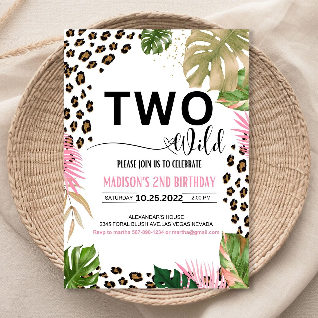 Editable Two Wild Leopard Print Jungle Birthday Party Invitation ...