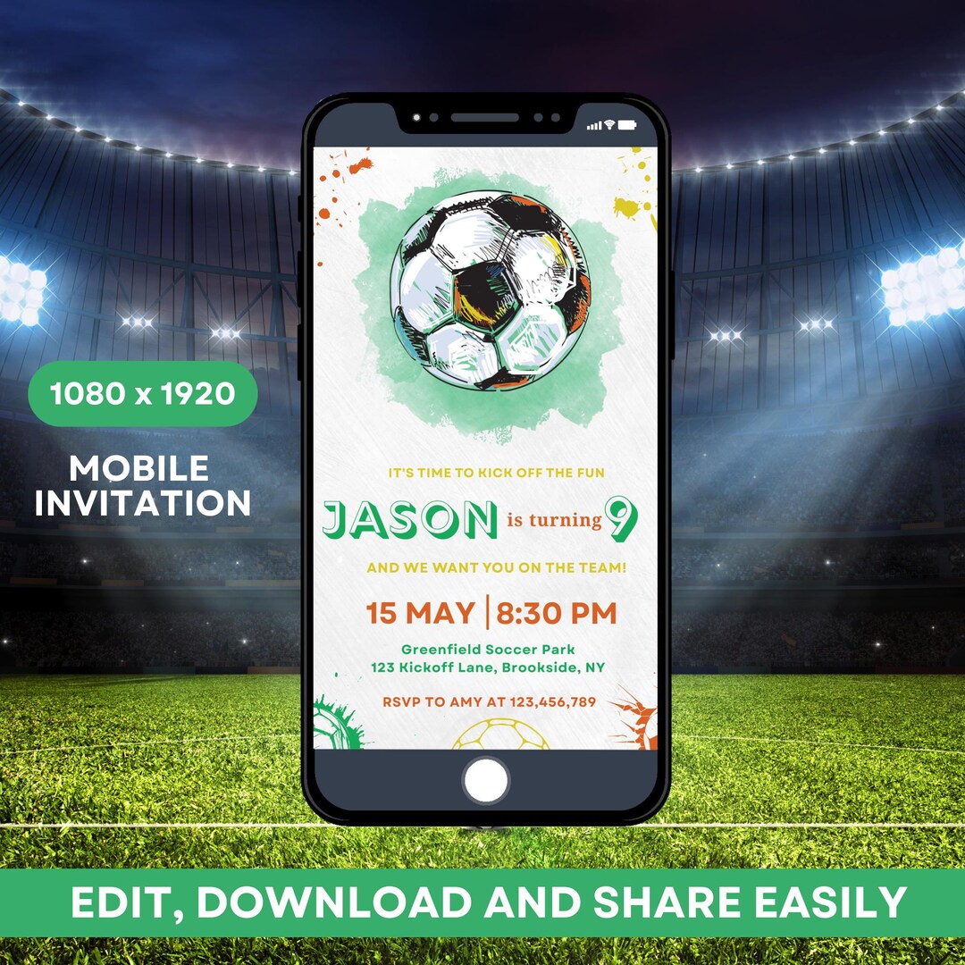 Editable Soccer Birthday Mobile Invitation Template, Digital Football ...