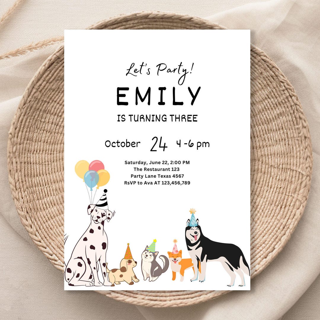 Editable Dog Birthday Party Simple Invitation Puppy Birthday Invite ...