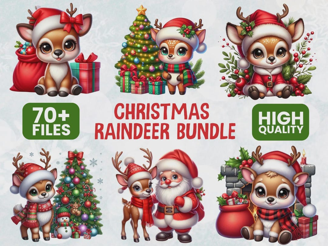 70+ Cute Reindeer PNG Clipart Set, Watercolor Santa Reindeer Graphics ...