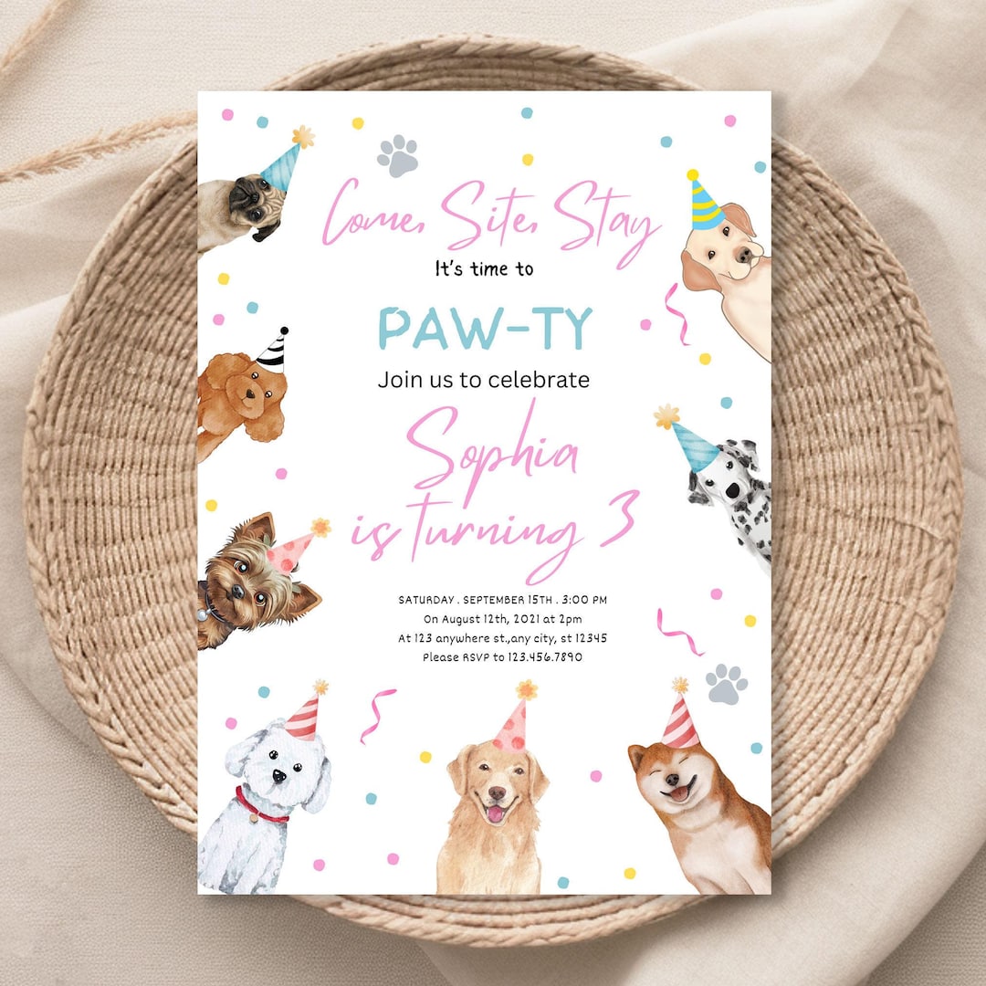 Editable Dog Birthday Party Invitation Puppy Birthday Invite Pink Girl ...