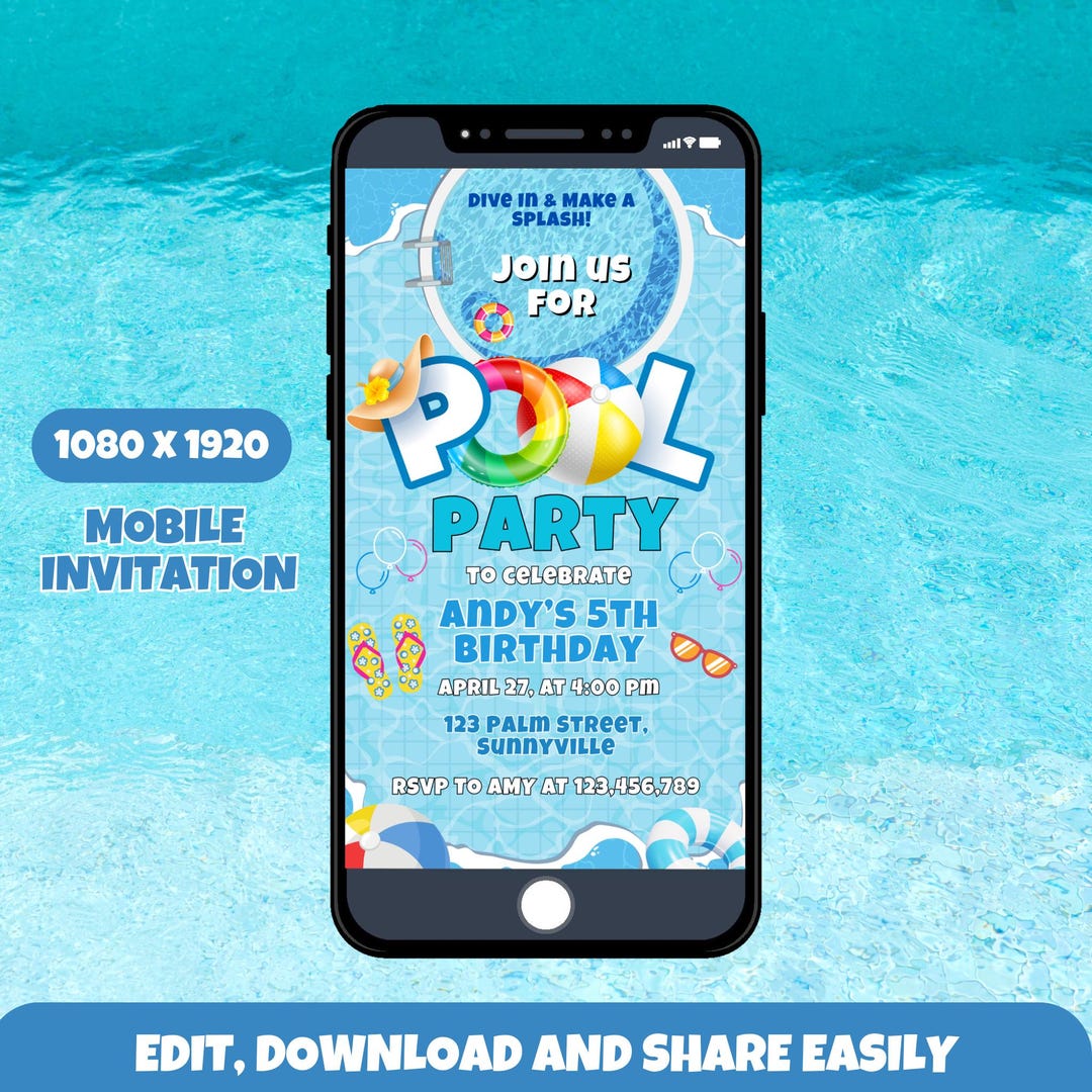 Pool Party Editable Mobile Invitation Template, Summer Birthday Evite ...