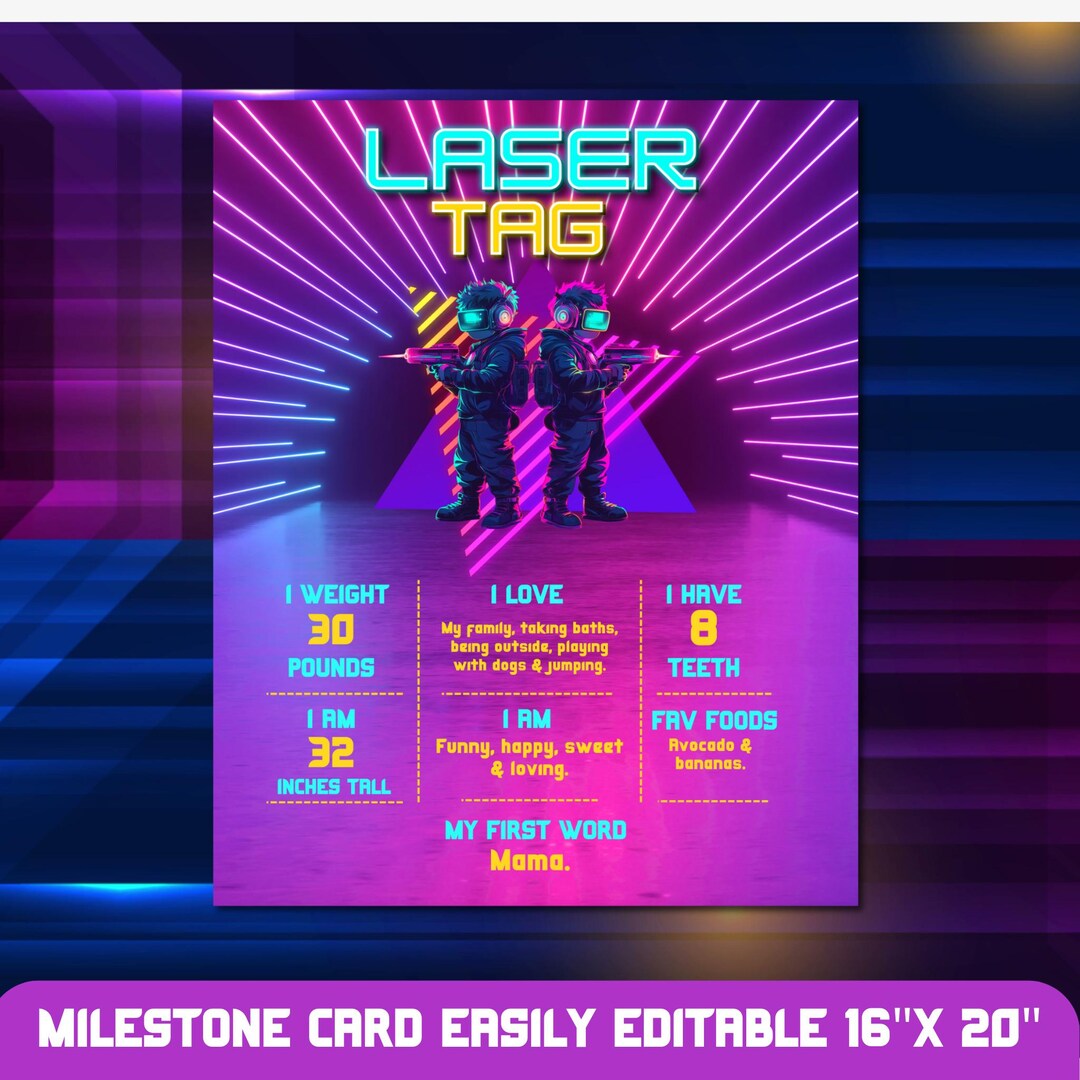 Editable Laser Tag Birthday Milestone Sign Template, Neon Red Glow ...