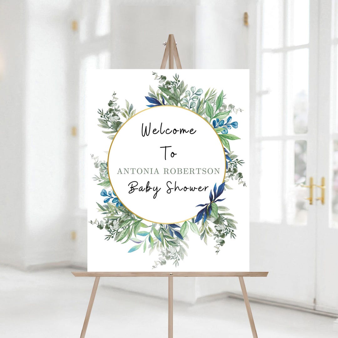 Editable Greenery Baby Shower Welcome Sign, Green Gold Watercolor ...