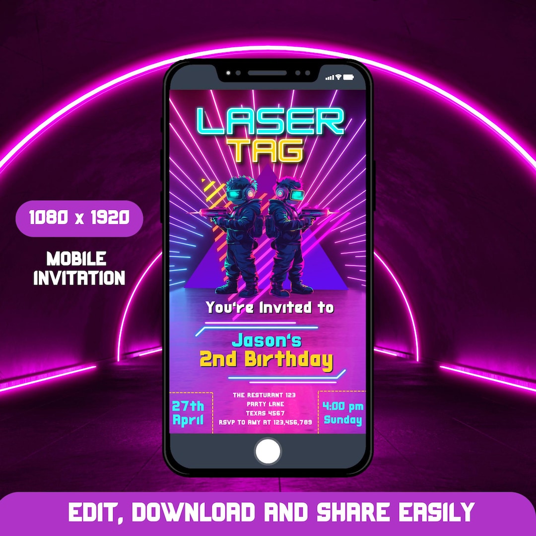 Editable Laser Tag Birthday Mobile Invitation Template, Neon Red Glow ...