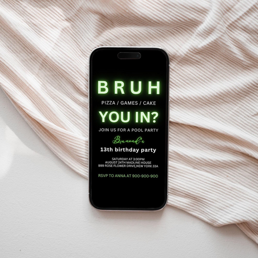 Bruh Neon Birthday Invitation, Boy Birthday Invitation, Teenager ...