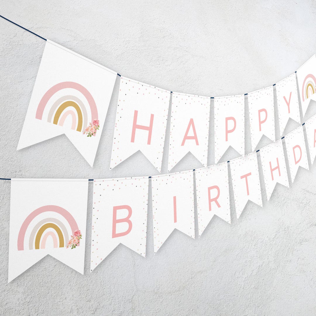 Editable Rainbow Birthday Banner Girl Birthday Boho Floral Rainbow ...