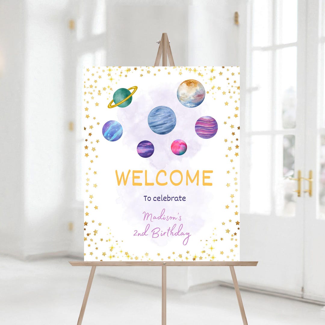 Editable Two the Moon Space Birthday Party Welcome Sign, Pink Gold Girl ...