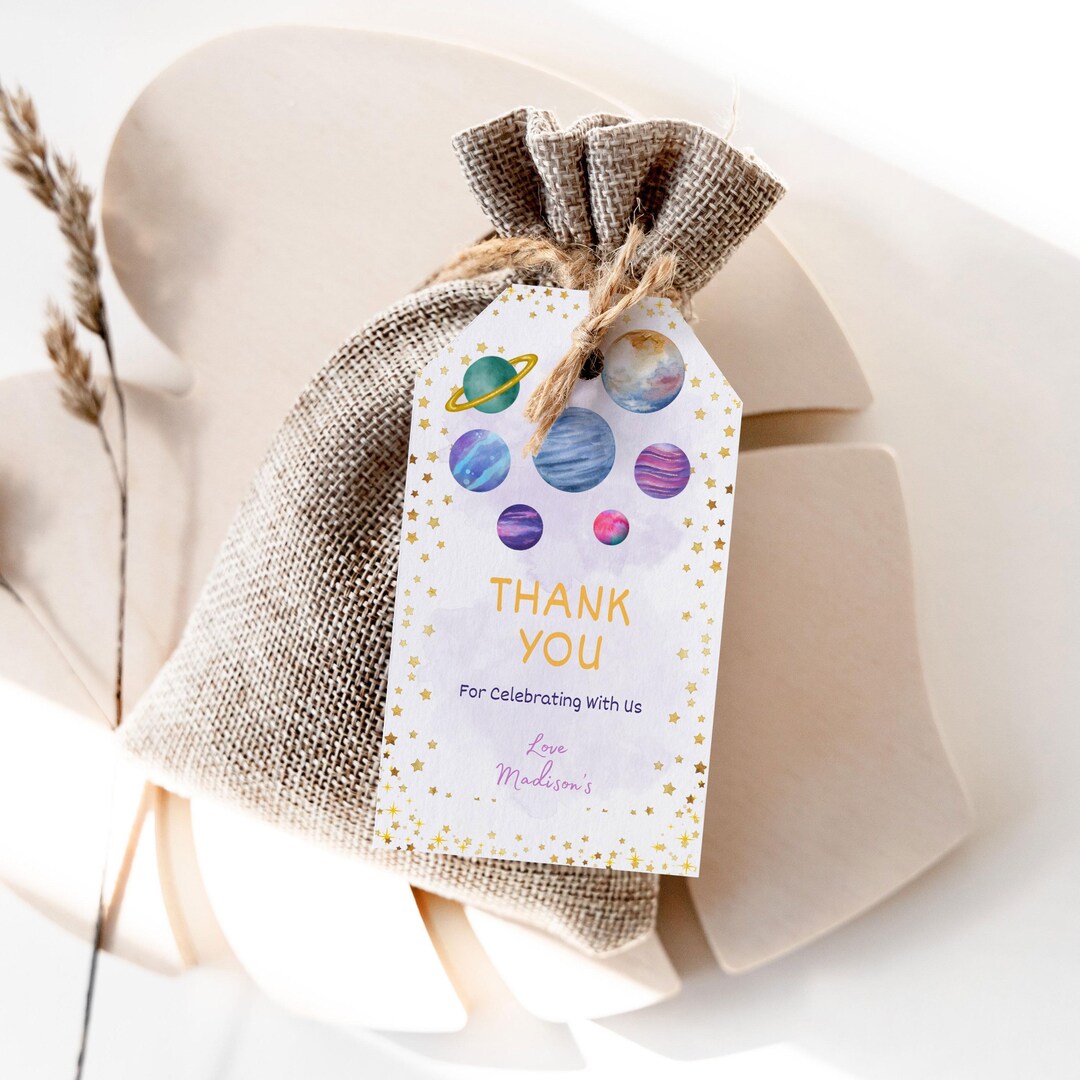 Editable Two the Moon Space Birthday Party Favor Tags Pink Gold Girl ...