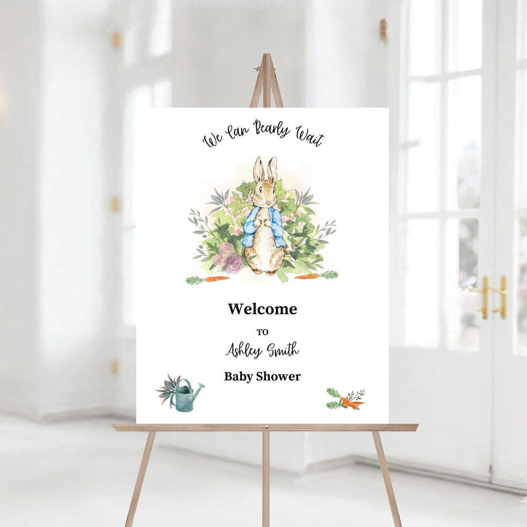 Editable Peter Rabbit Baby Shower Welcome Sign, Boy Blue Rustic Peter ...