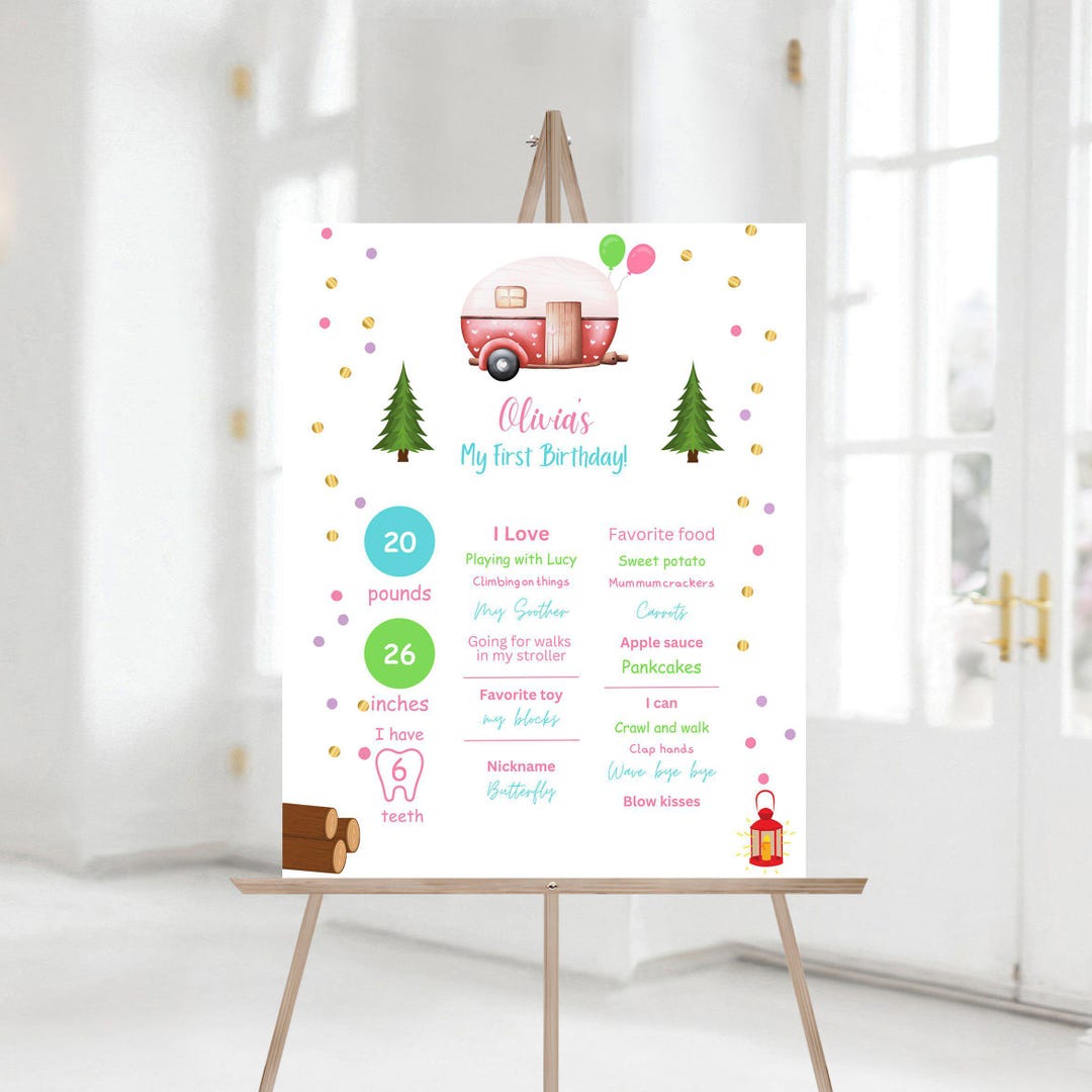 Editable Happy Camper Birthday Party Simple Milestones Sign Girl Pink ...