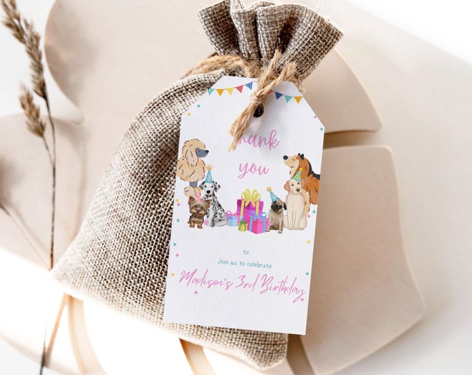 Editable Puppy Birthday Thank You Tag Favor Tag Let's Paw-ty Girl Puppy ...