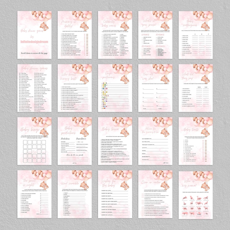 Teddy Bear Baby Shower Games, Girl Baby Shower Games Bundle, Pink ...