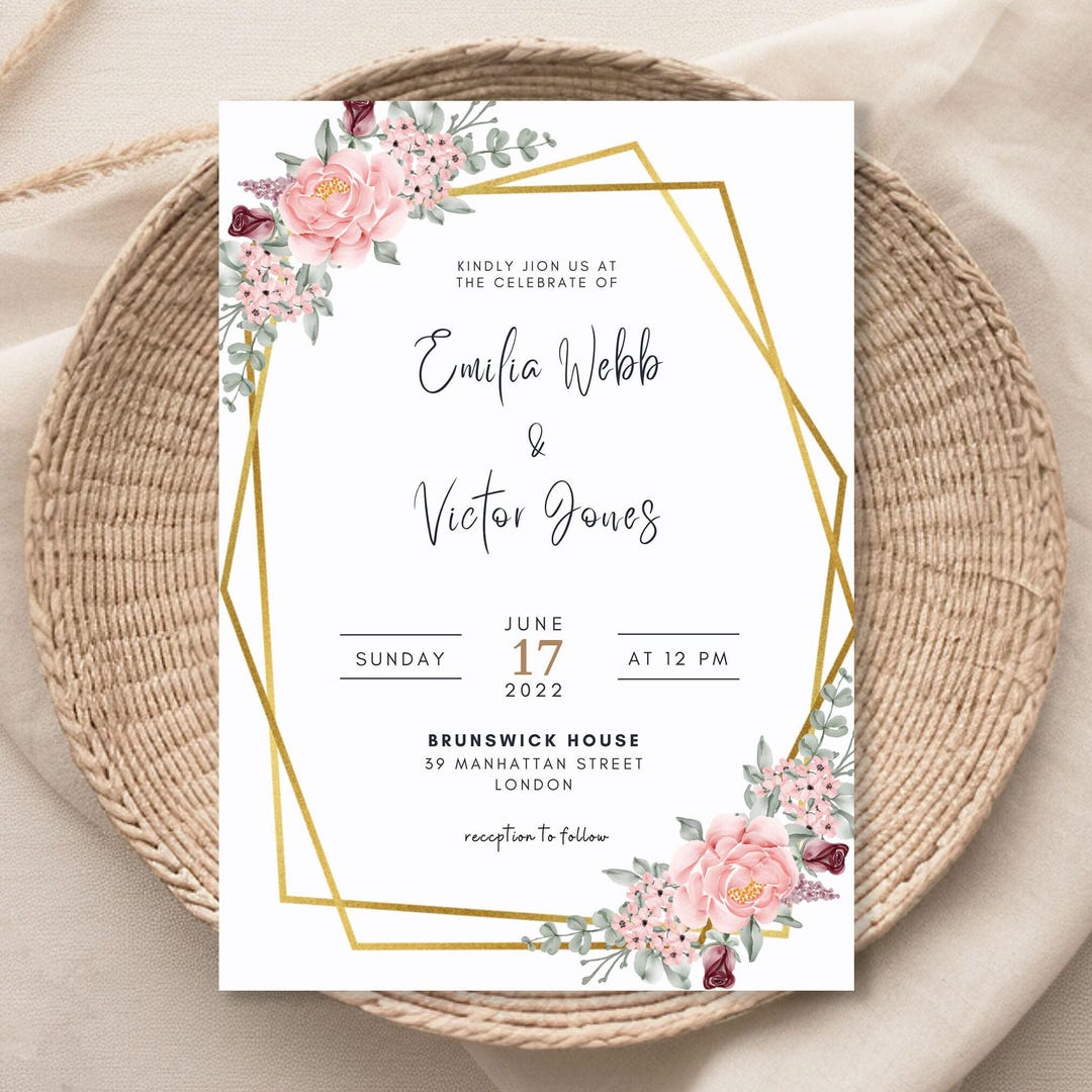 Blush Floral Wedding Invitation Template, Blush Wedding Invite Template ...