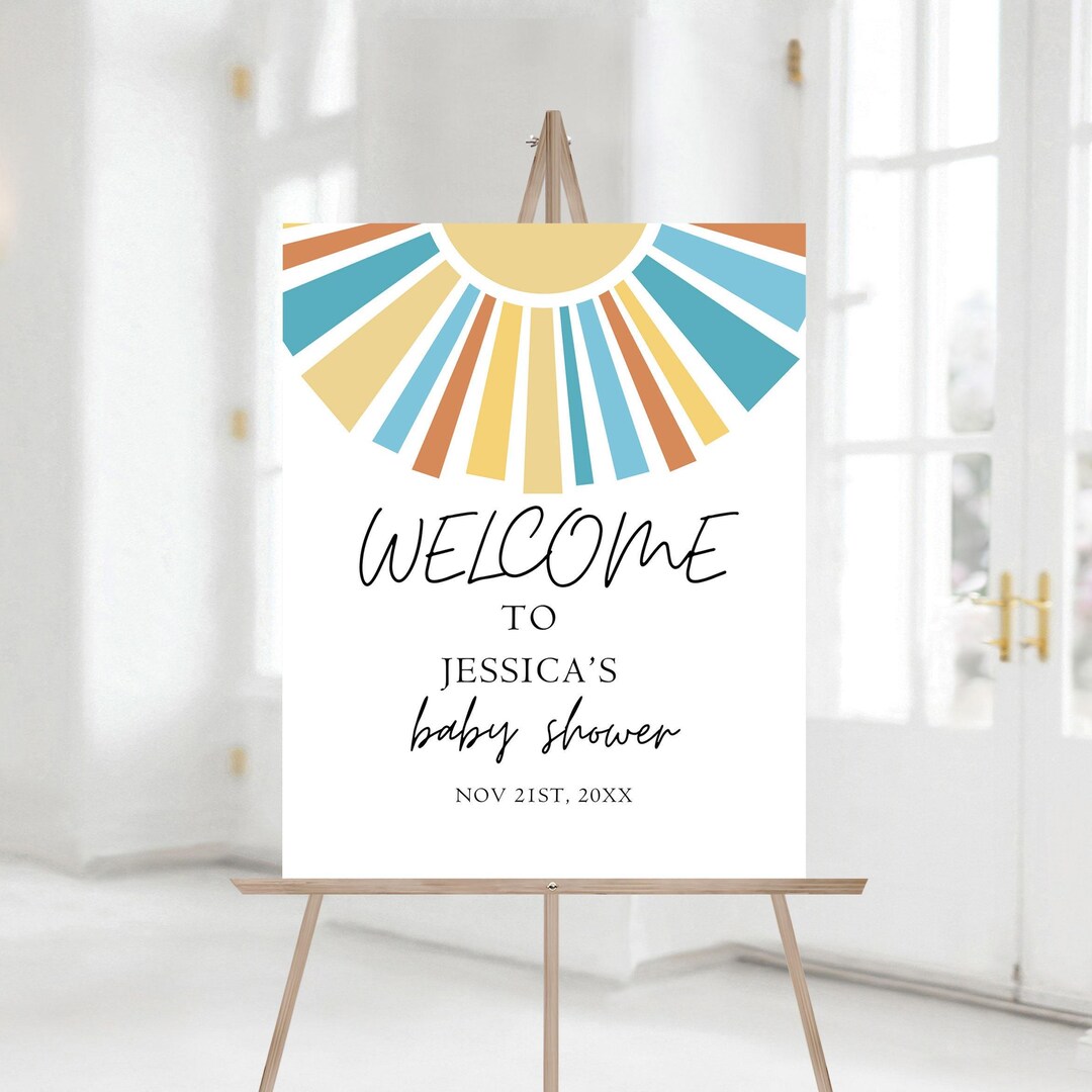 Editable Sun Baby Shower Welcome Sign, Here Comes the Sun, Boho ...