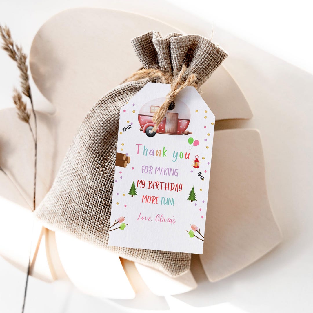 Editable Happy Camper Birthday Party Simple Favor Tags, Thank You Tags ...