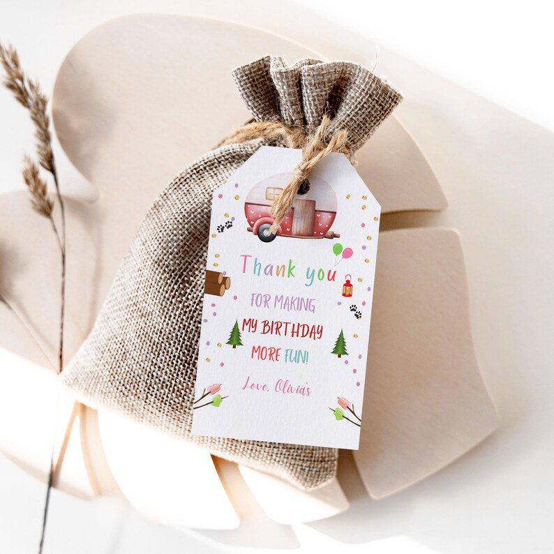 Editable Happy Camper Birthday Party Simple Favor Tags, Thank You Tags ...
