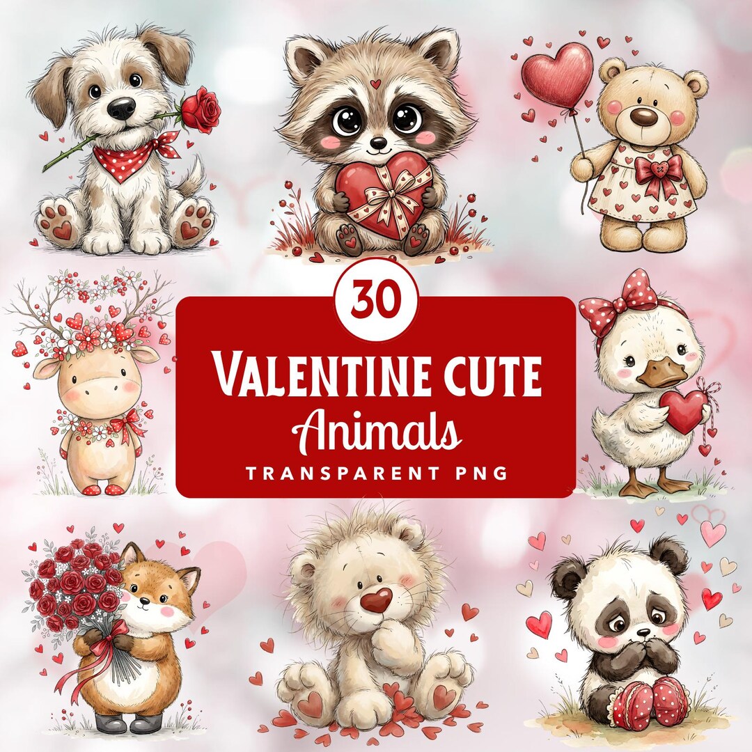 Cute Valentines Animals PNG Clipart Bundle, Valentines Day Clipart ...