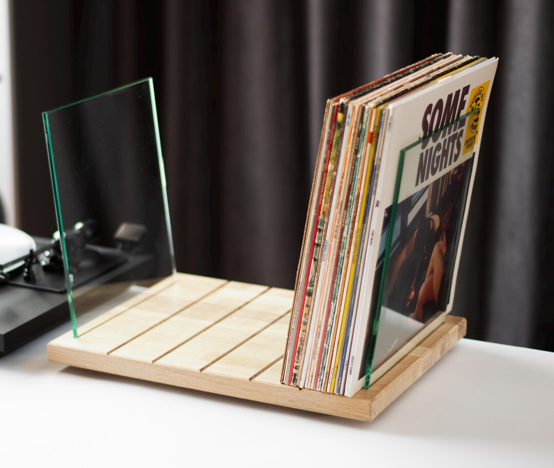 Glass Vinyl Record Storage Rack – Oak Wood LP Stand, Modern Minimalist ...