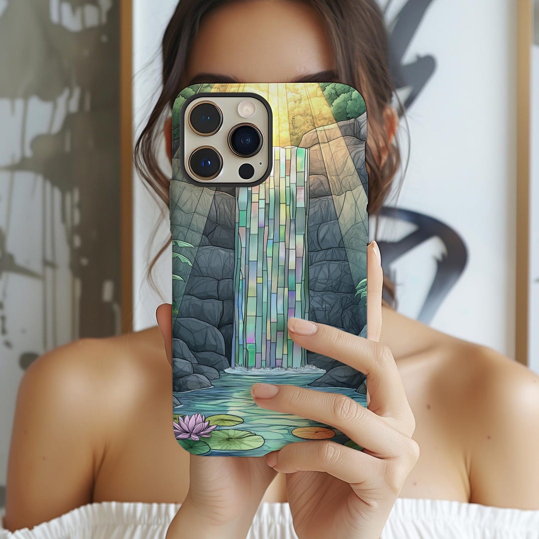 Waterfall Stained Glass Illusion Tough Case, Tranquil Nature Scene ...