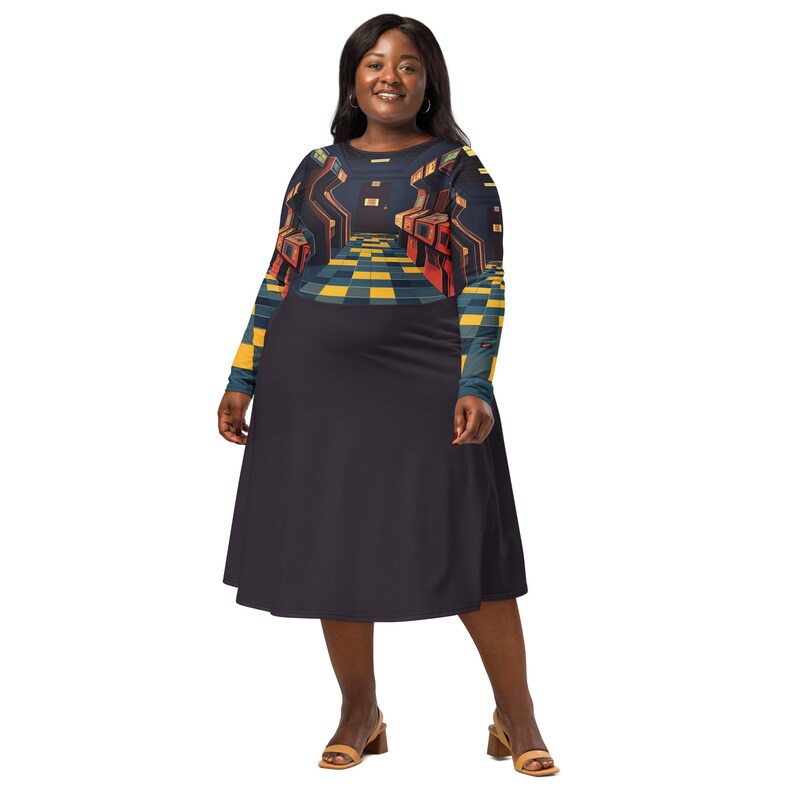 Retro Arcade Long Sleeve Midi Dress – 80s Gamer Aesthetic – Vaporwave ...