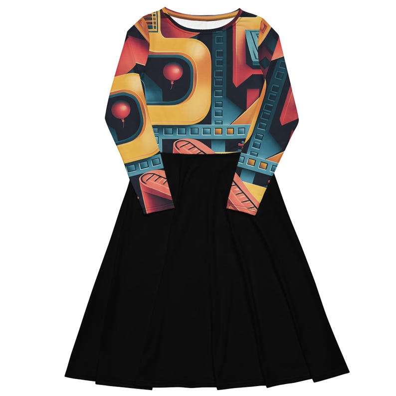 Retro Futuristic Long Sleeve Midi Dress | Abstract Geometric Print ...