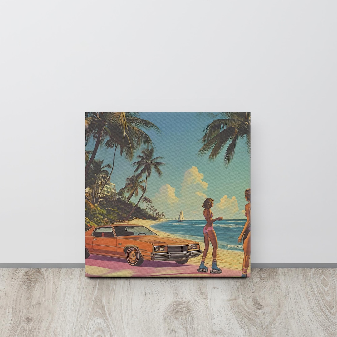 80s Beach Canvas – Vintage Car & Roller Skaters, Tropical Pastel Decor ...