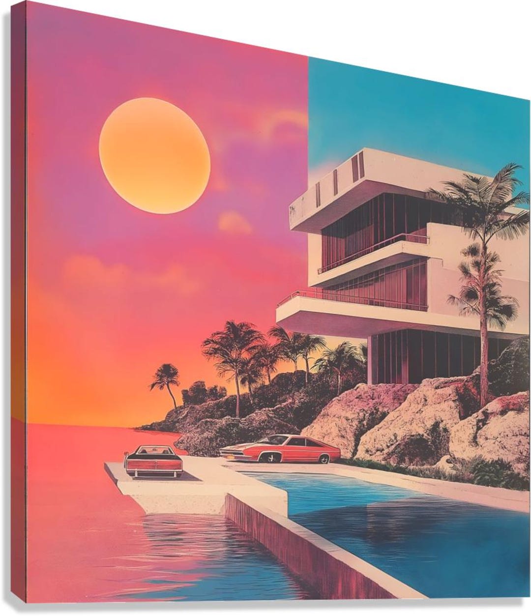 Retro Futuristic Canvas Print | Vaporwave Neon Mansion Thin Wall Art ...