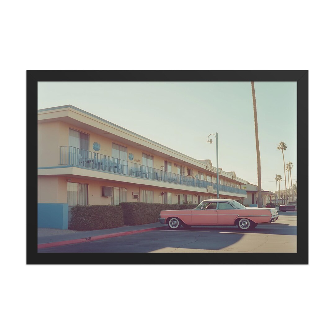 Framed Retro Motel Poster – Vintage Car & Palm Tree Wall Art, 60s ...