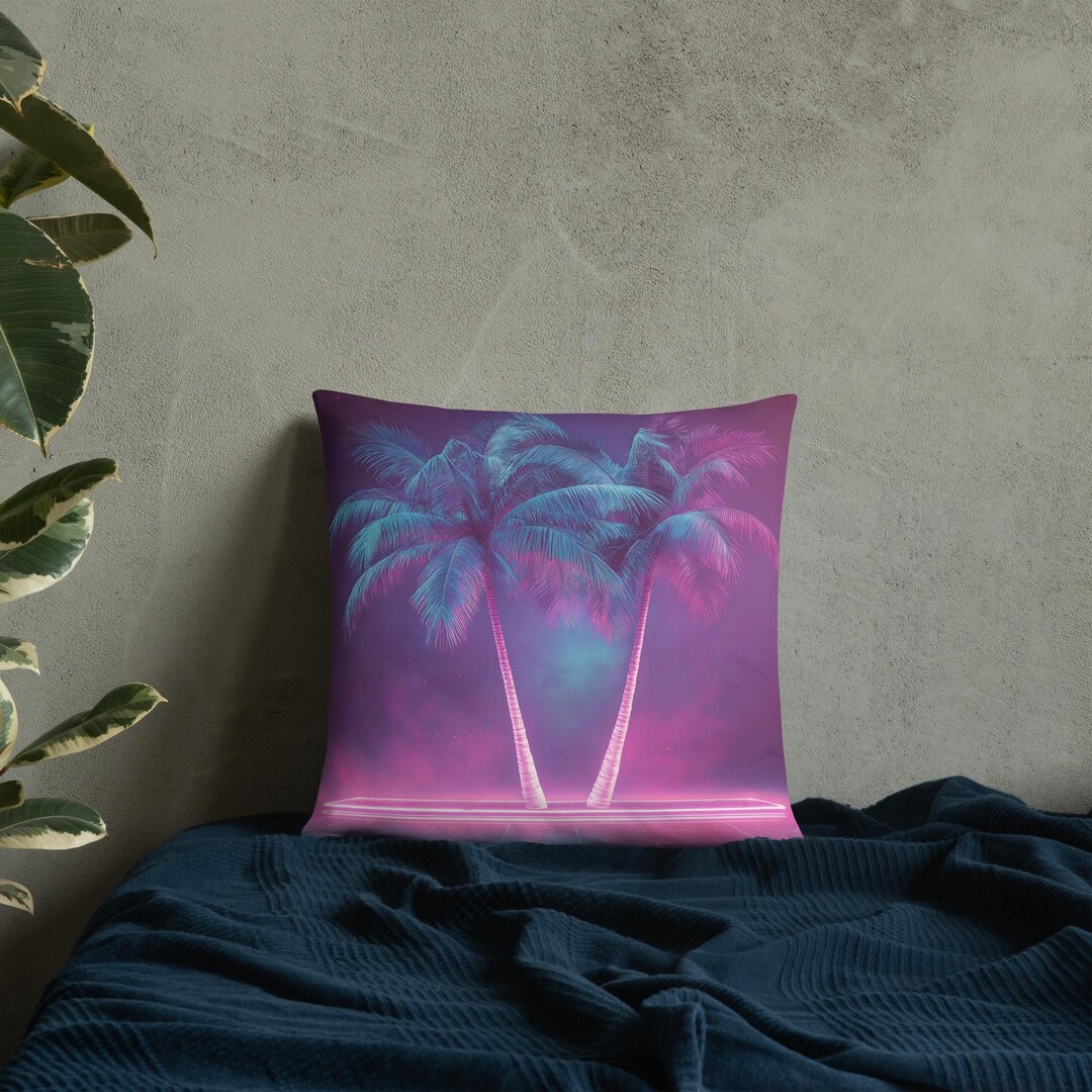 Neon Palm Basic Pillow – Vaporwave Retro 80s Cyberpunk Decor, Trippy ...