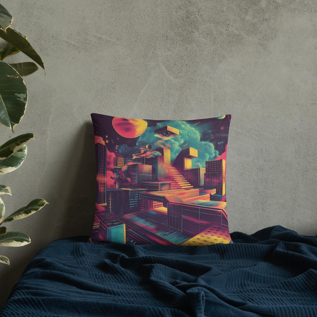 Cyberpunk City Throw Pillow | Neon Vaporwave Aesthetic Cushion | Retro ...