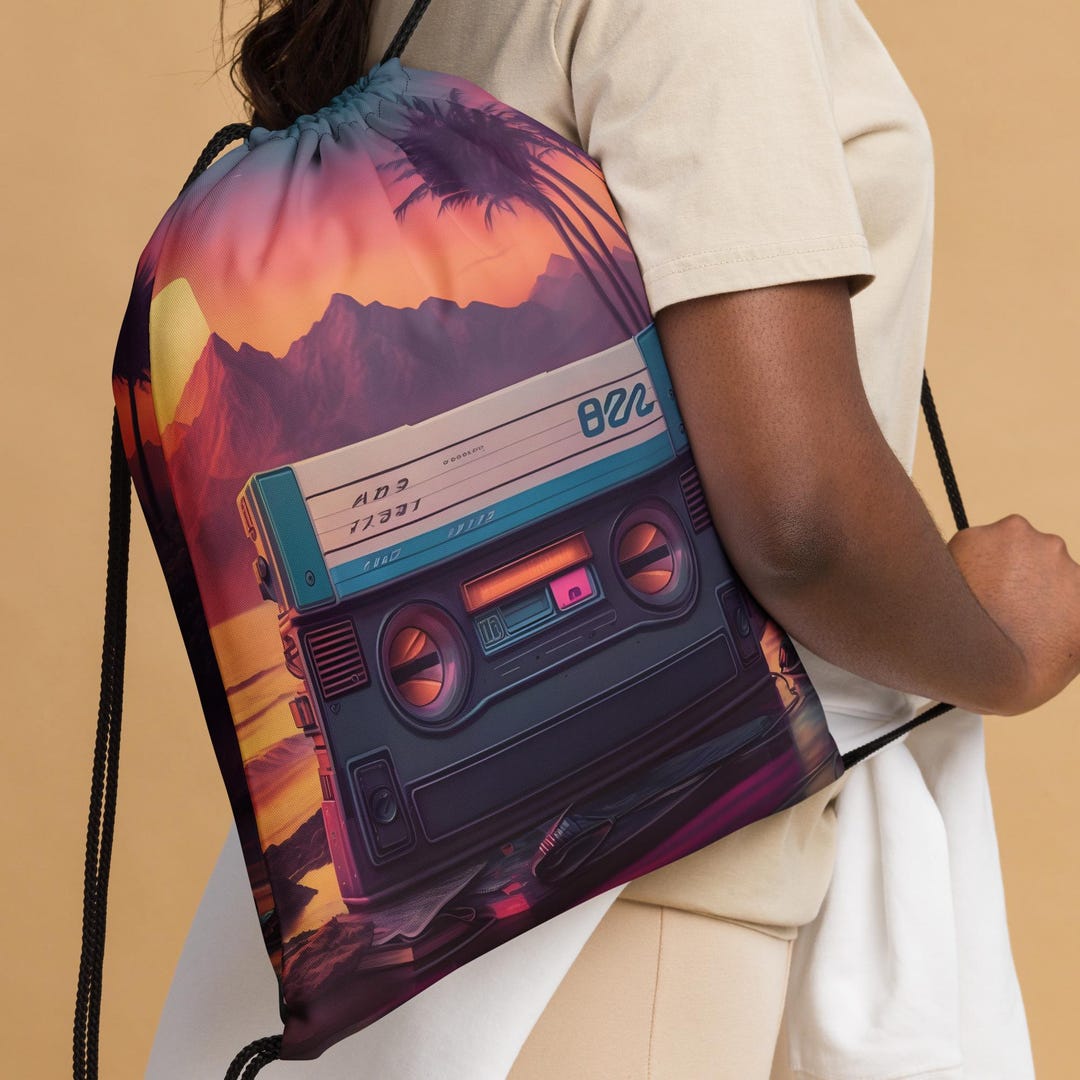 Retro Aesthetic Drawstring Bag – 80s Vaporwave Gym Sack – Neon ...
