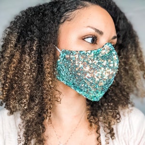 4 Layer Aqua and Gold Iridescent Sequin Cotton Lined Glam Face - Etsy