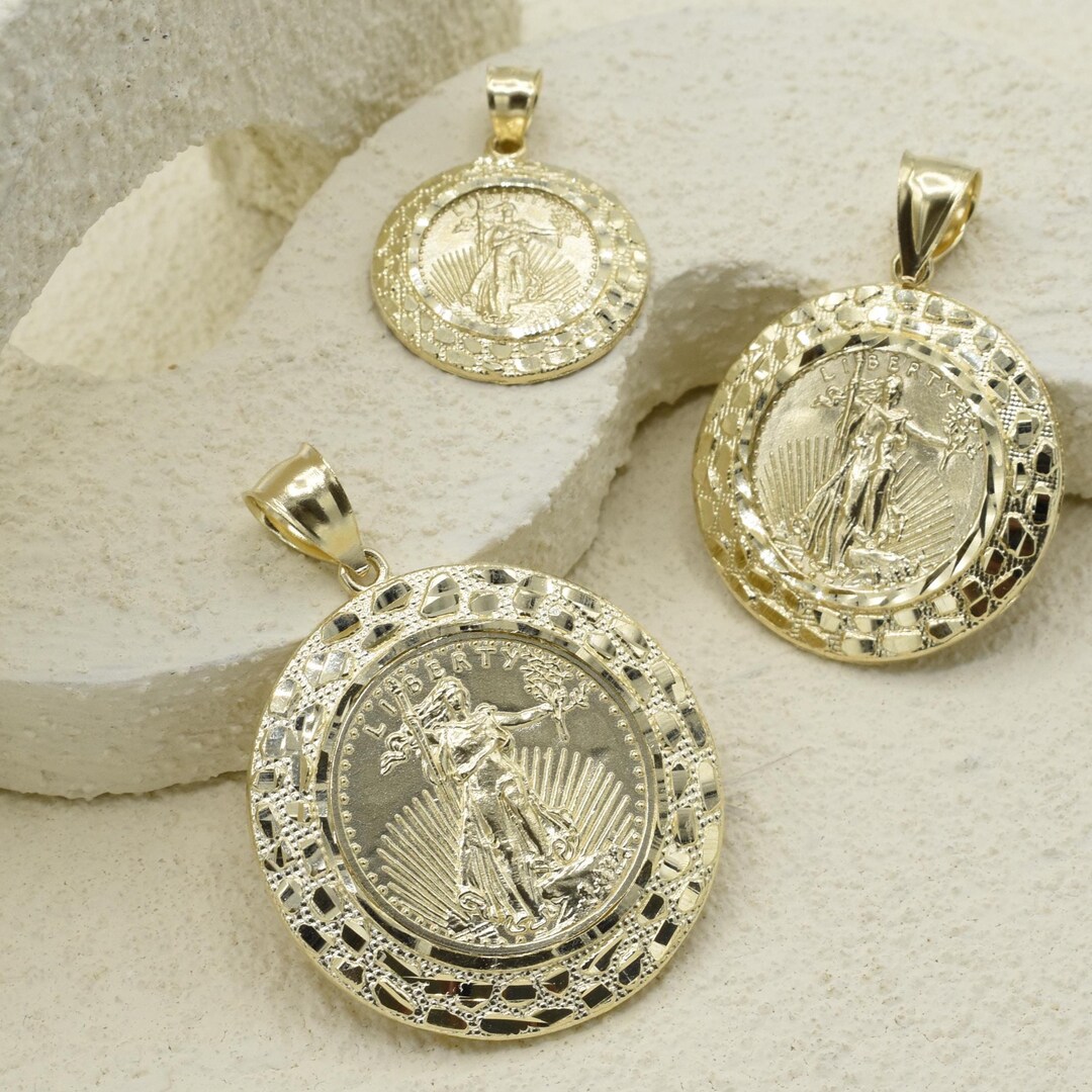 10K Real Hollow Gold Reversible Coin Pendant, Double-sided Liberty ...