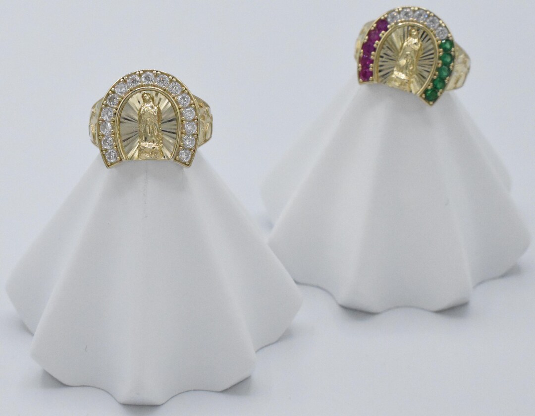 10K Yellow Gold Virgin Mary Pinky Ring With Rainbow CZ Stones, Real ...