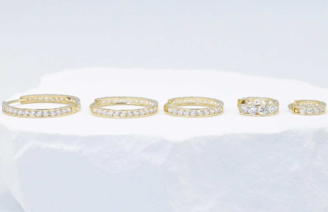 10K Real Gold Huggies With White CZ Stone Hoop Earrings, Real 10k ...