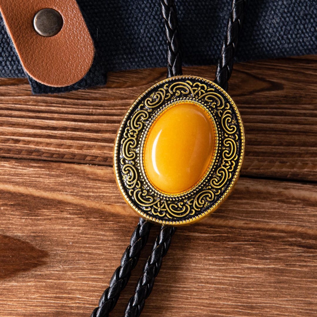 Handmade Retro Bolo Tie, Gold Filigree, Oval Stone Pendant, Wedding ...