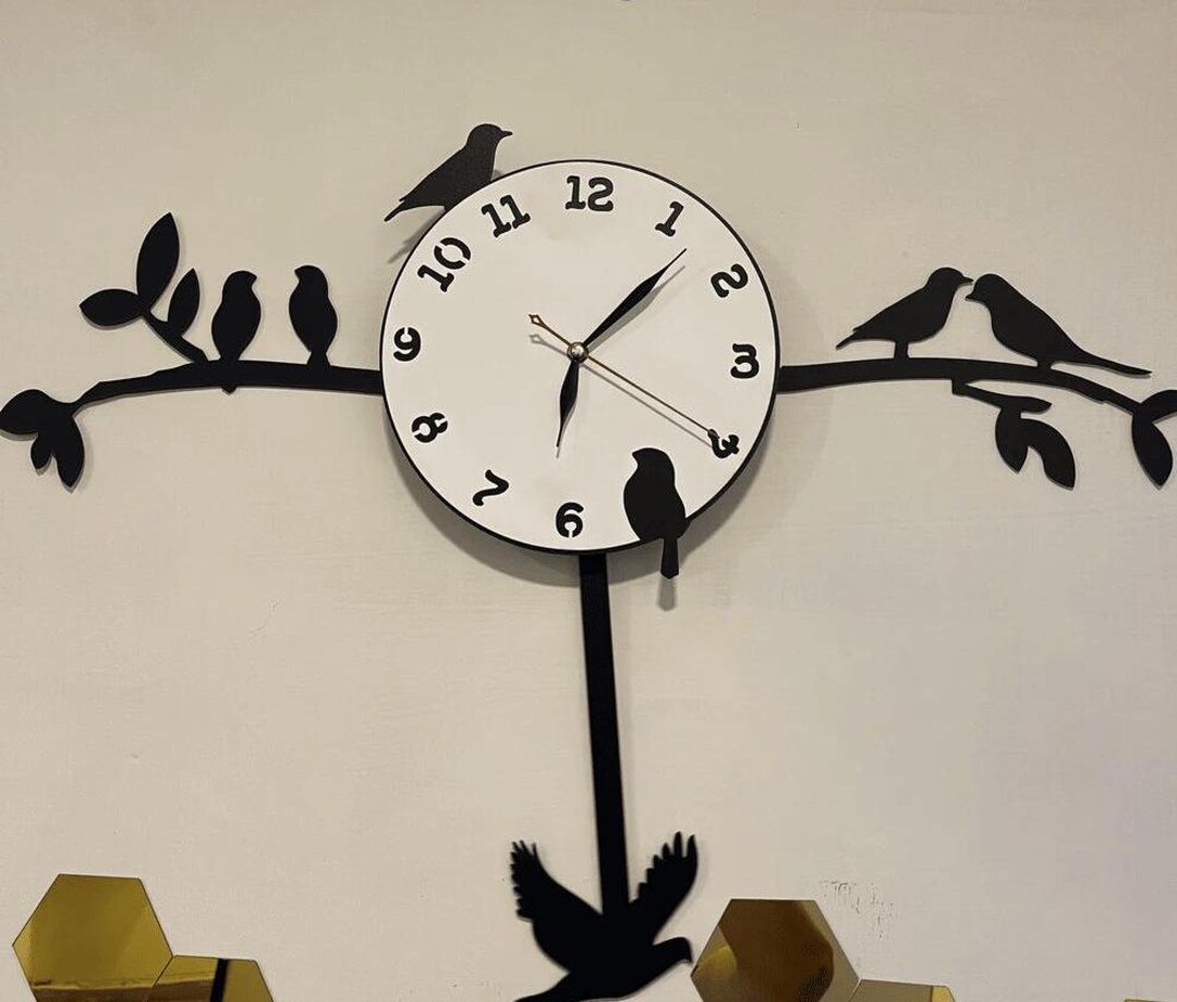 Birds Tree Pendulum Clock, Large Wall Clock, Modern Home Decor, 32x20 ...