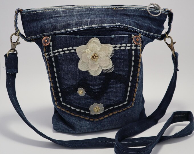 Upcycled Denim Crossbody Purse With Decorative Pocket - Etsy