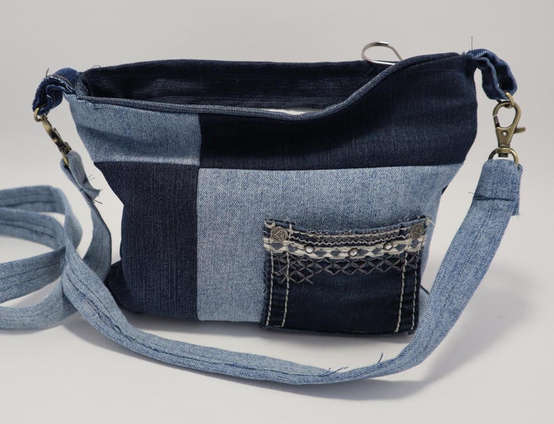 Upcycled Denim Crossbody Purse With Decorative Pocket - Etsy