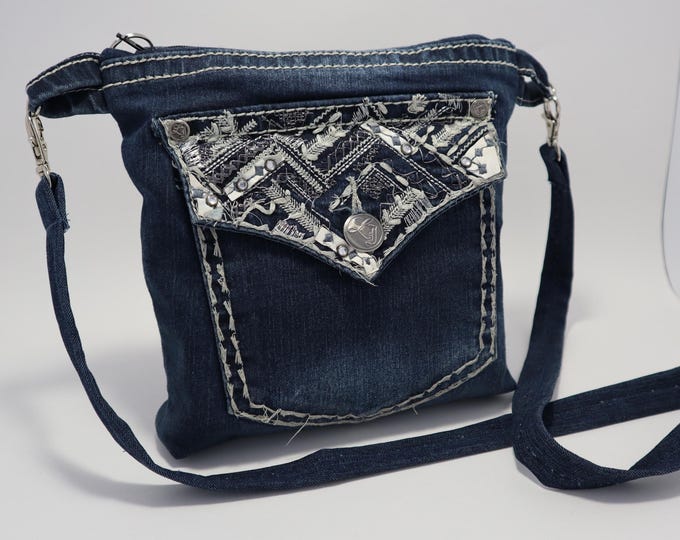 Upcycled Denim Crossbody Purse With Decorative Pocket - Etsy