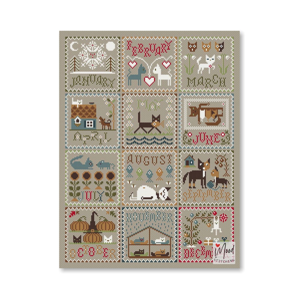 Cat Calendar Cross Stitch Primitive Pattern: Months of the Year Sampler ...