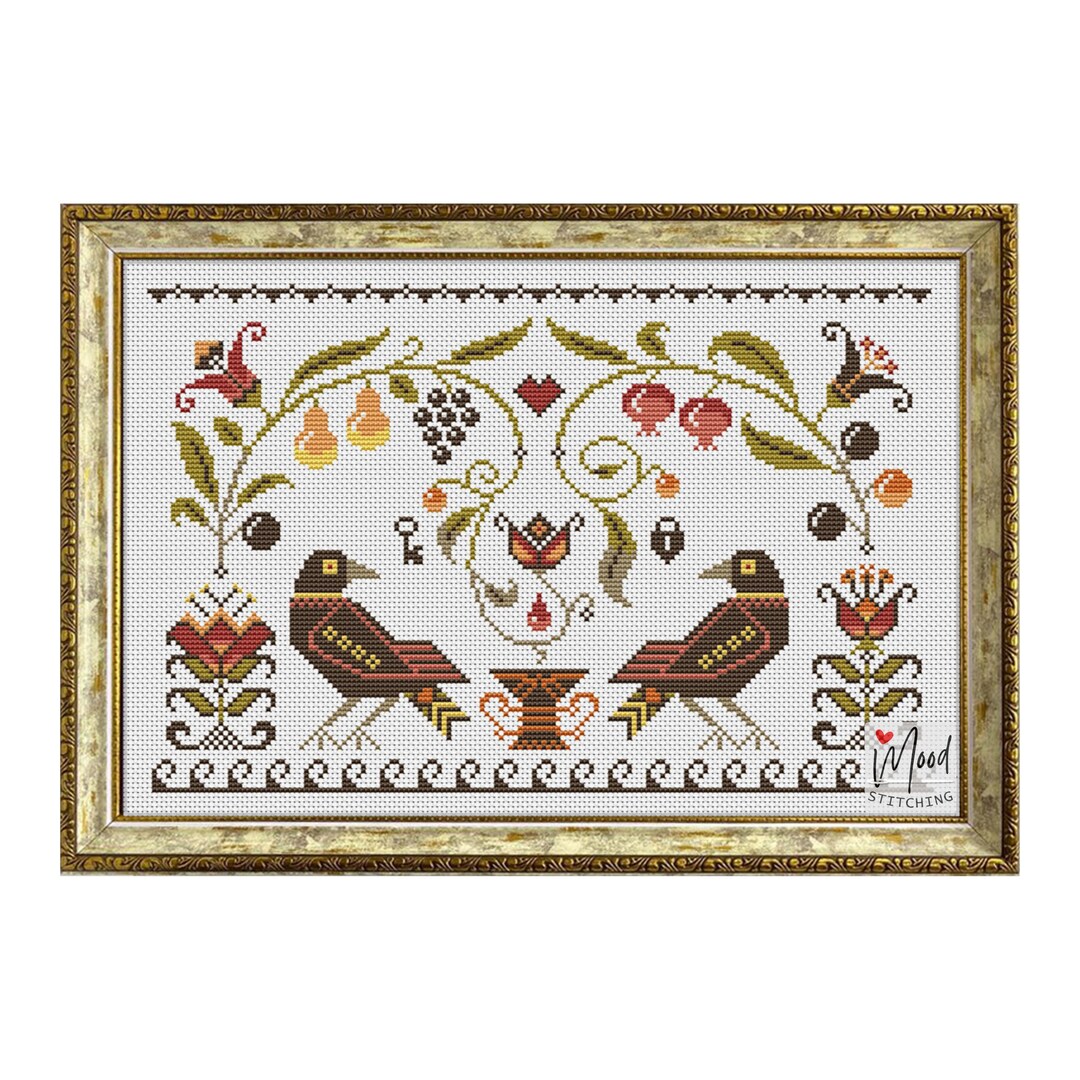 Fraktur Two Birds Cross Stitch Pattern: Primitive Folk Style ...