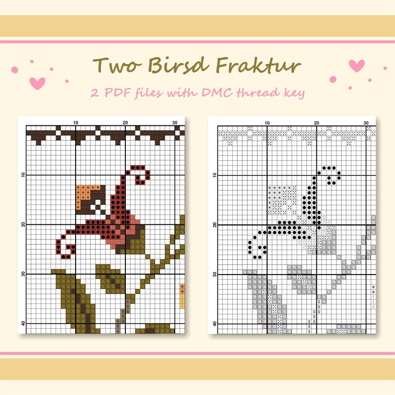 Fraktur Two Birds Cross Stitch Pattern: Primitive Folk Style ...